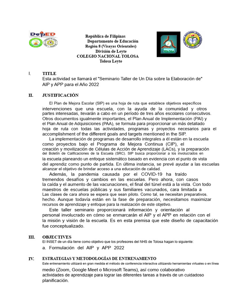 Diseño de Capacitación para La Formulación de SIP y AIP | PDF ...