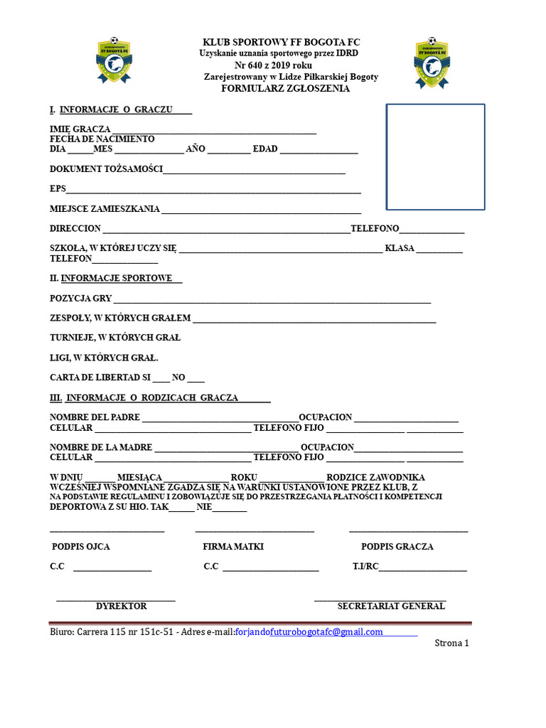 FFBogotaFC - Formularz Rejestracyjny | PDF