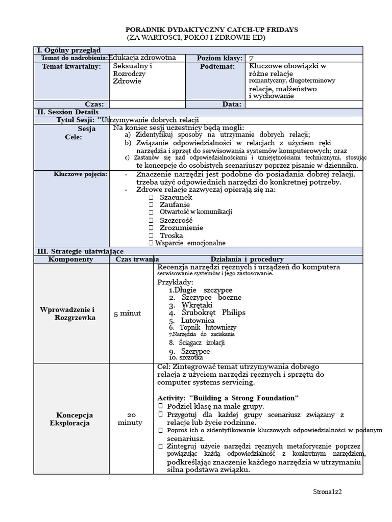 Szablon Przewodnika Nauczania Dla Uczniów 7 Klasy Z Zakresu Zdrowia I ...