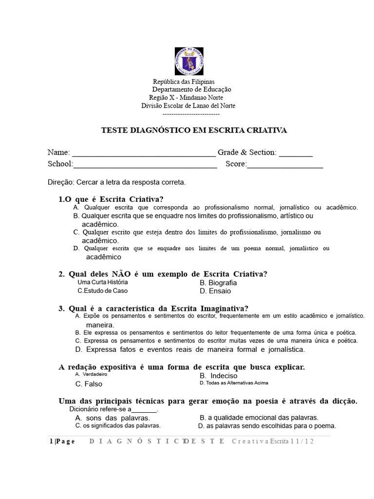 Teste Diagnóstico de Escrita Criativa | PDF | Escrita criativa | Narrativa