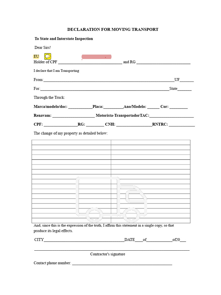 Declaration of Moving Transport | PDF