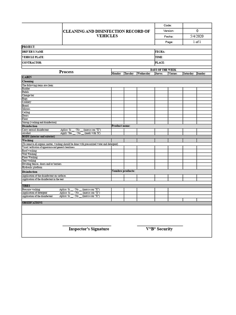 Vehicle Cleaning and Disinfection Log | PDF | Truck | Motor Vehicle