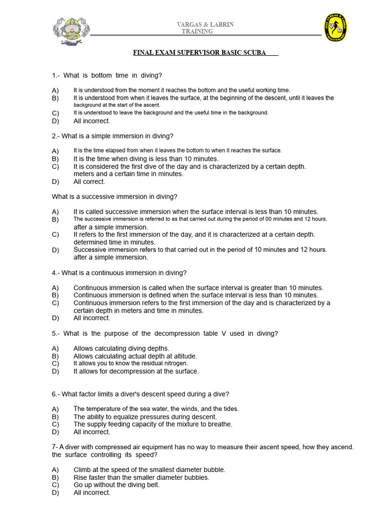 Basic Scuba Diving Supervisor Exam Guide | PDF | Scuba Diving ...