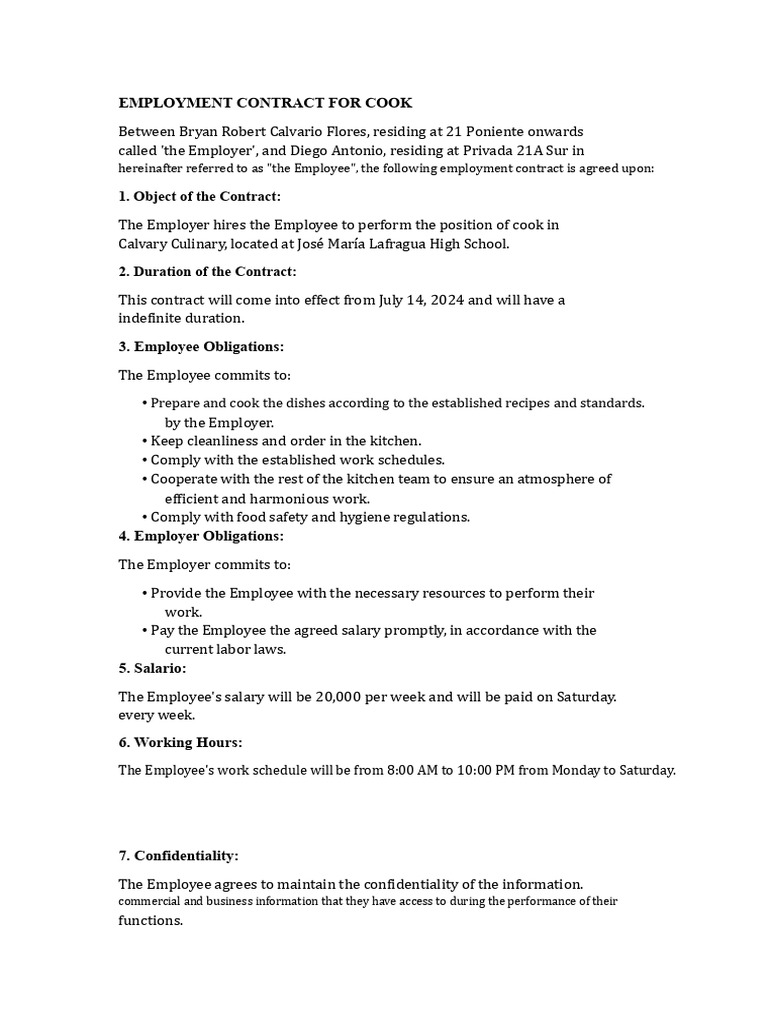 EMPLOYMENT CONTRACT FOR COOK (2) | PDF