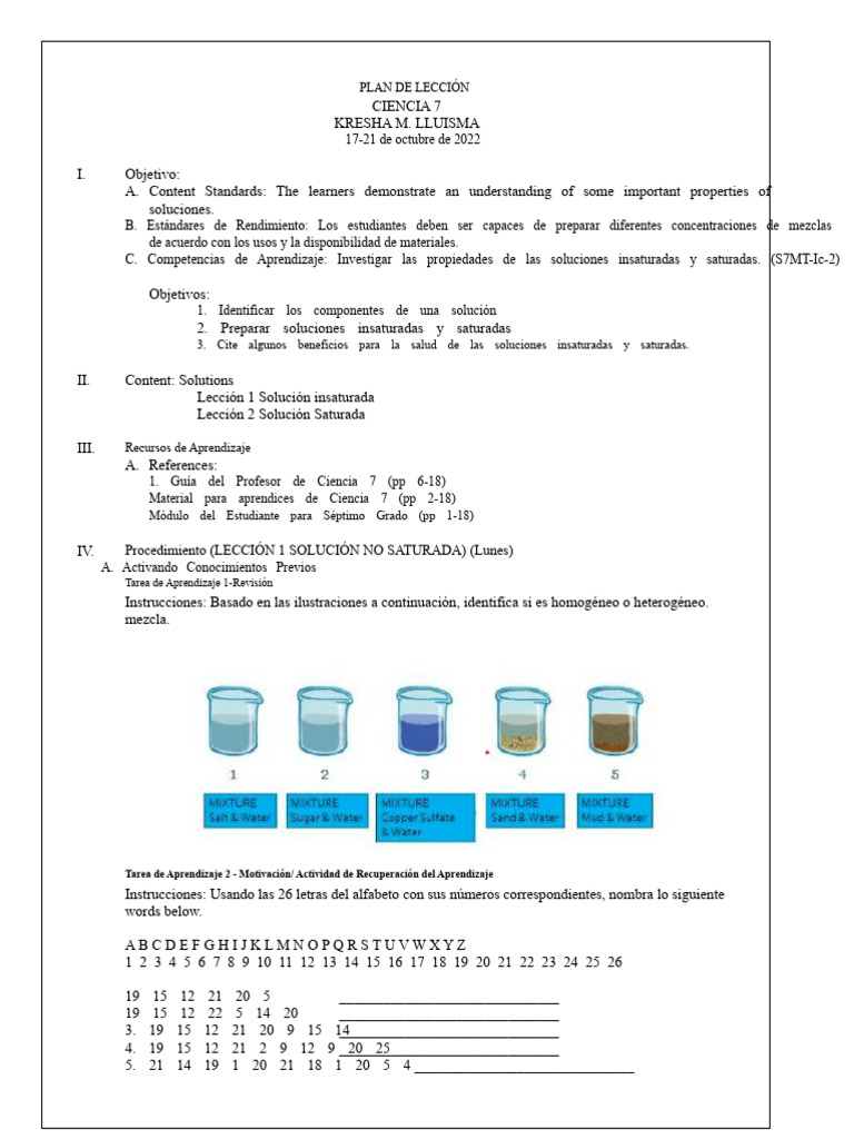 Ciencias 7 Plan de Lección Solución Saturada/insaturada | PDF ...