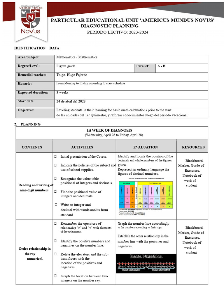MATHEMATICS DIAGNOSTIC PLAN - 8th GRADE EGB 2023 | PDF | Integer | Decimal
