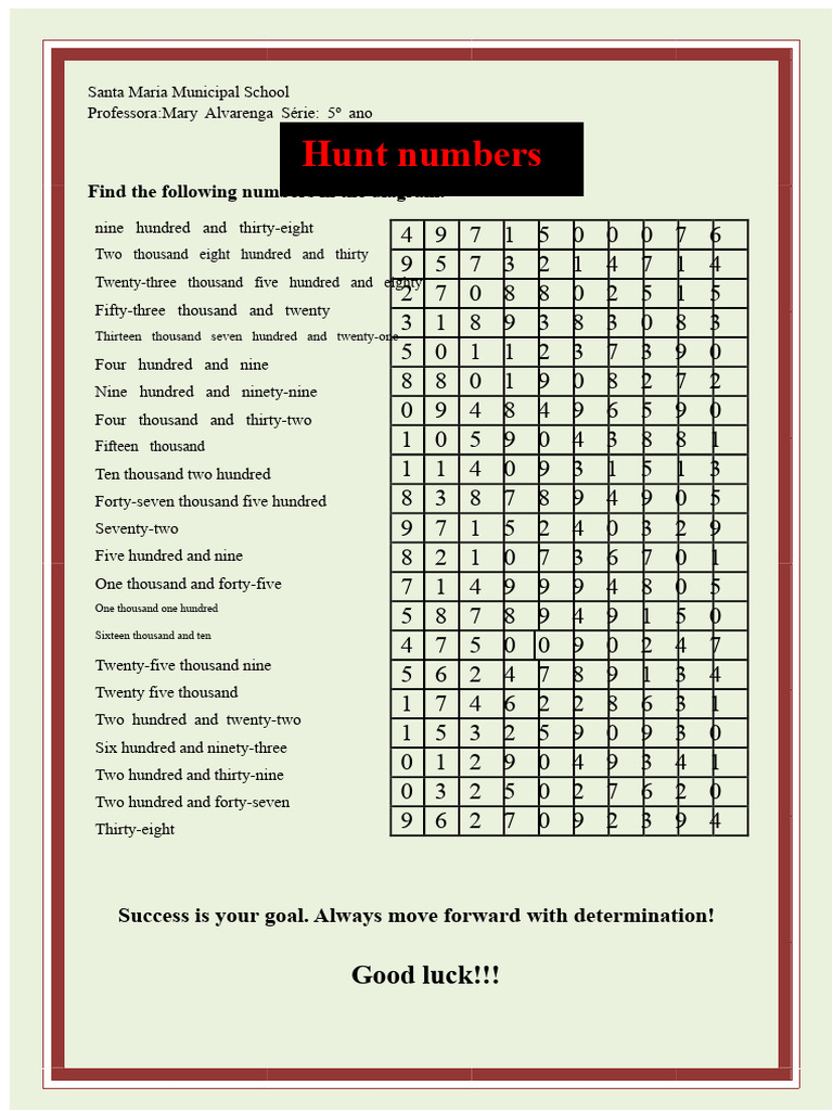 Hunt Numbers: Good Luck!!! | PDF