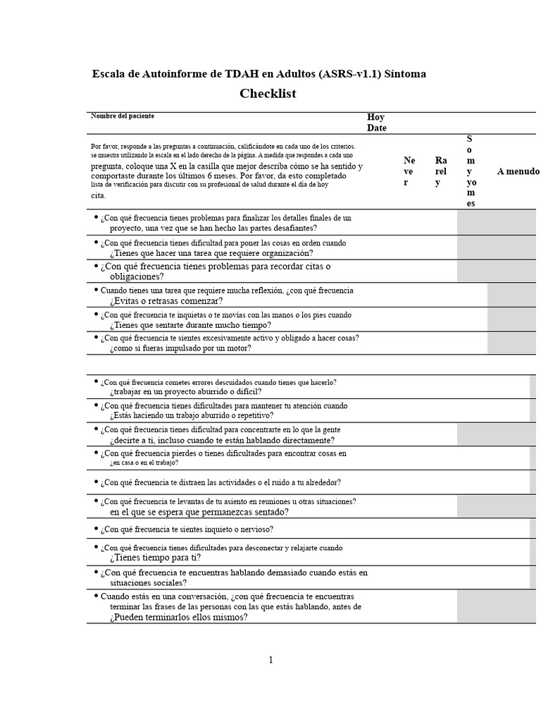Escala de Autoinforme ASRS-ADHD-2 | PDF | Desorden hiperactivo y ...