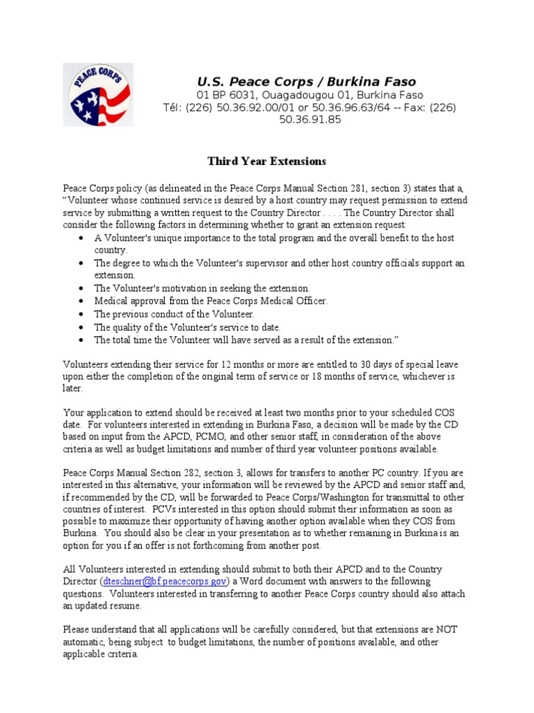 Peace Corps Third Year Extension Application | Peace Corps | Volunteering