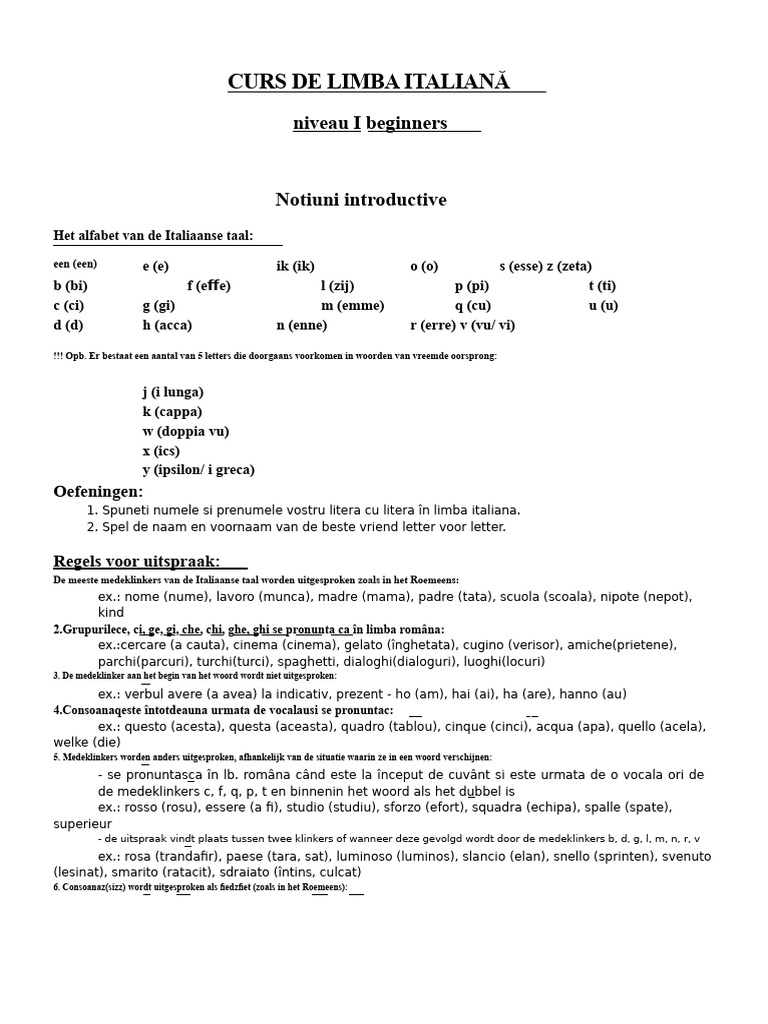 Italiaans Cursus - Niveau 1 Beginners | PDF