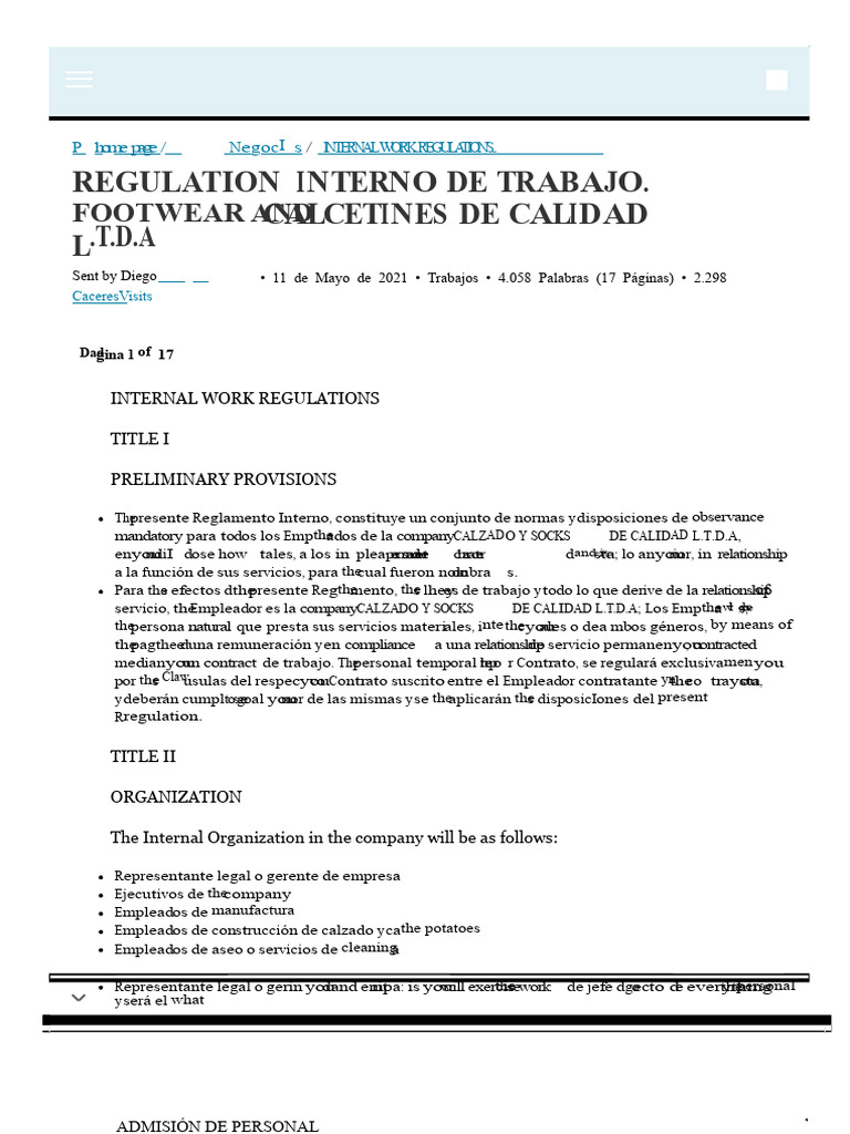 INTERNAL WORK REGULATIONS. L.T.D.A QUALITY FOOTWEAR AND SOCKS - Jobs ...