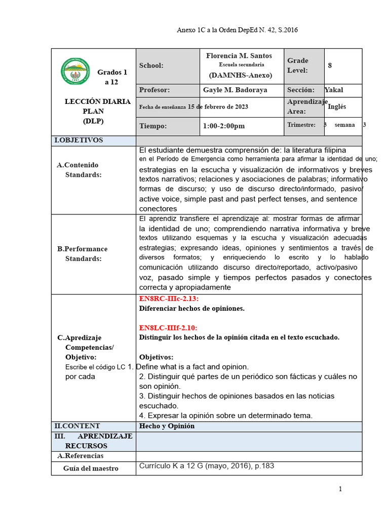 DLP 8 hecho y opinión | PDF | Aprendizaje