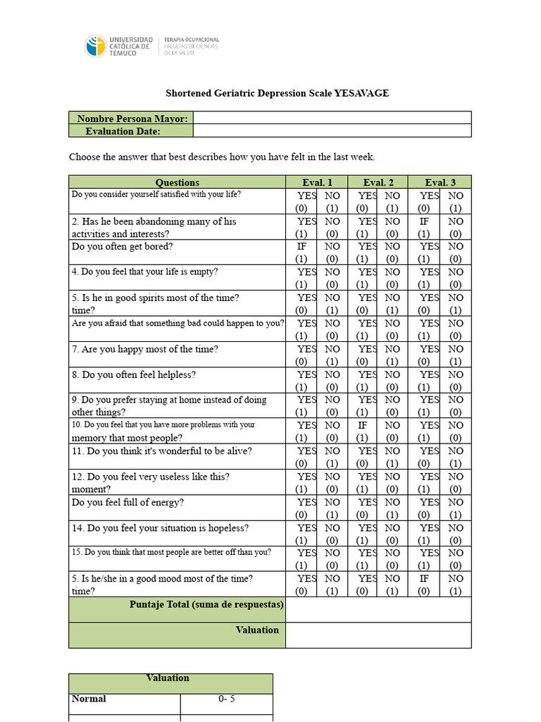 Geriatric Depression Scale - Yesavage Shortened | PDF | Major ...