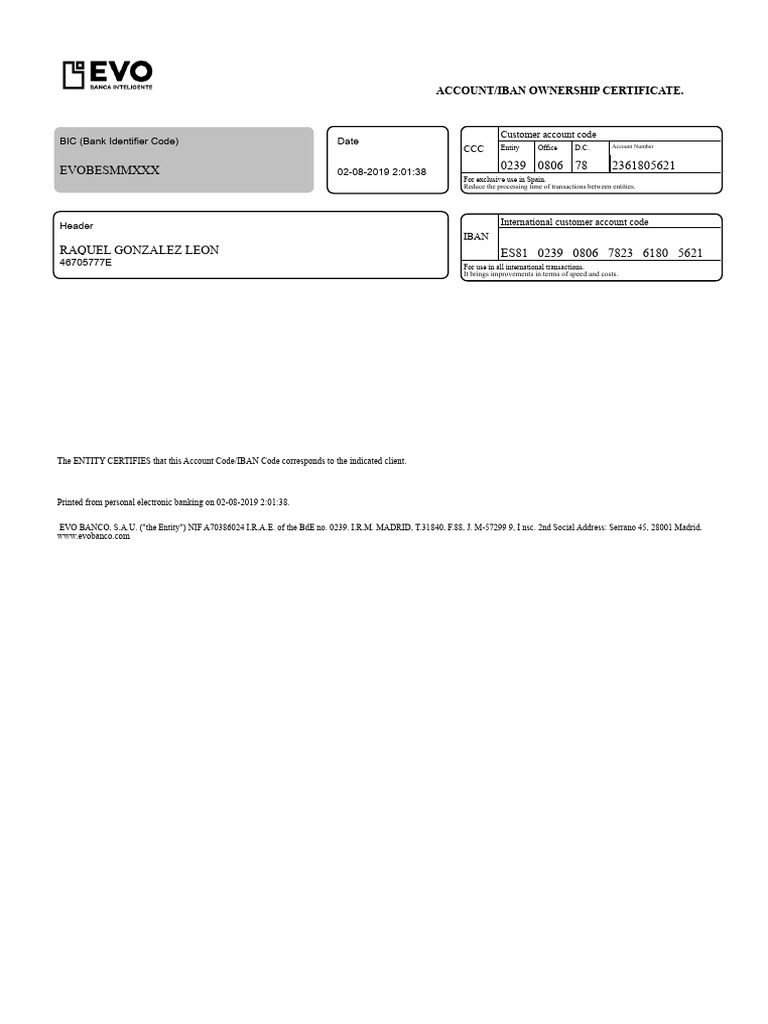 Bank Account Ownership Certificate | PDF