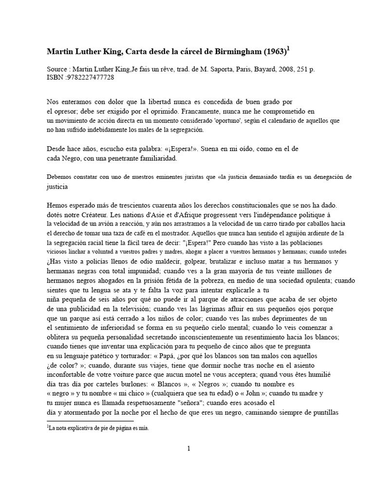 Martin Luther King, Carta Desde La Cárcel de Birmingham (1963) | PDF ...