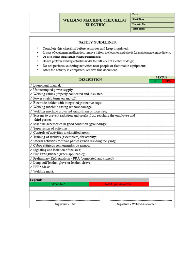 Electric Welding Machine Checklist For Free Space | PDF | Welding ...