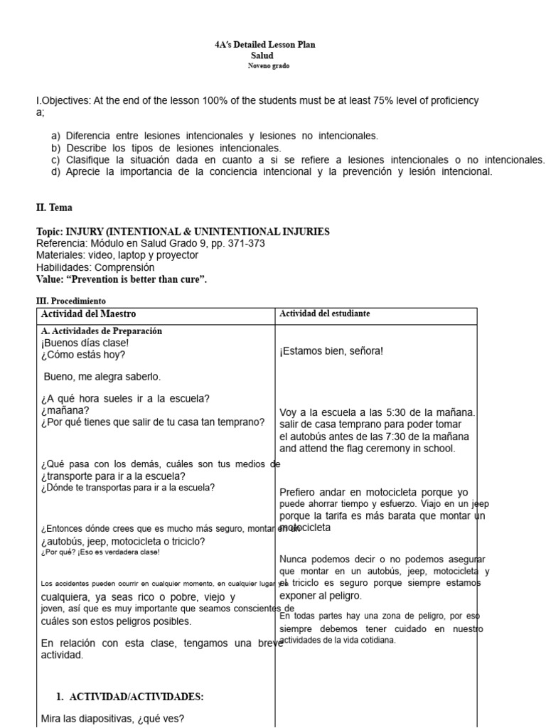 Plan de Lección Detallado - Salud 9 | PDF