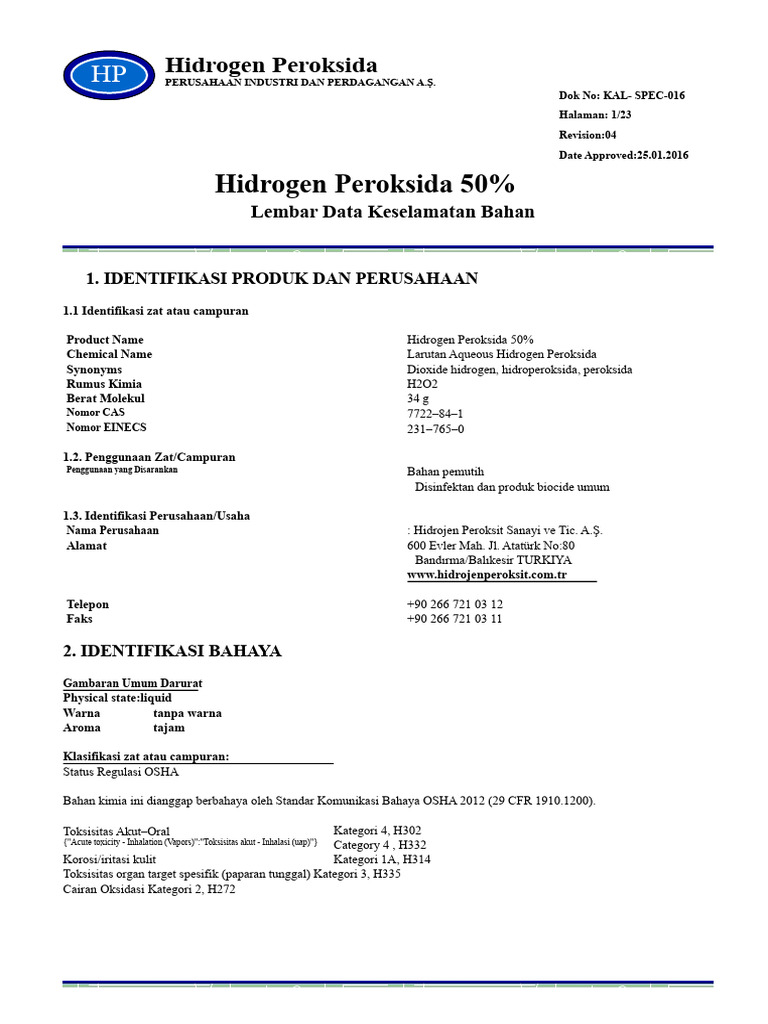 Lembar Data Keselamatan Hidrogen Peroksida 50% | PDF
