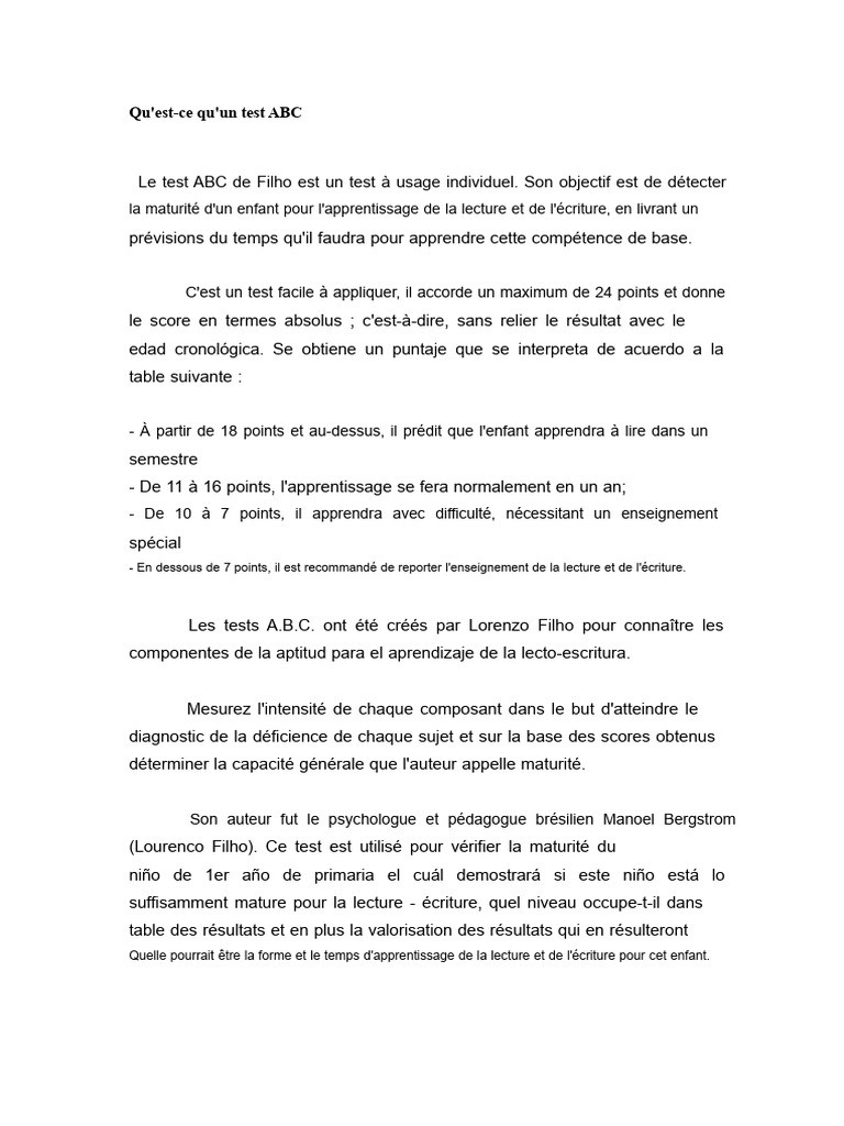 Test ABC : Évaluer la Maturité Scolaire | PDF