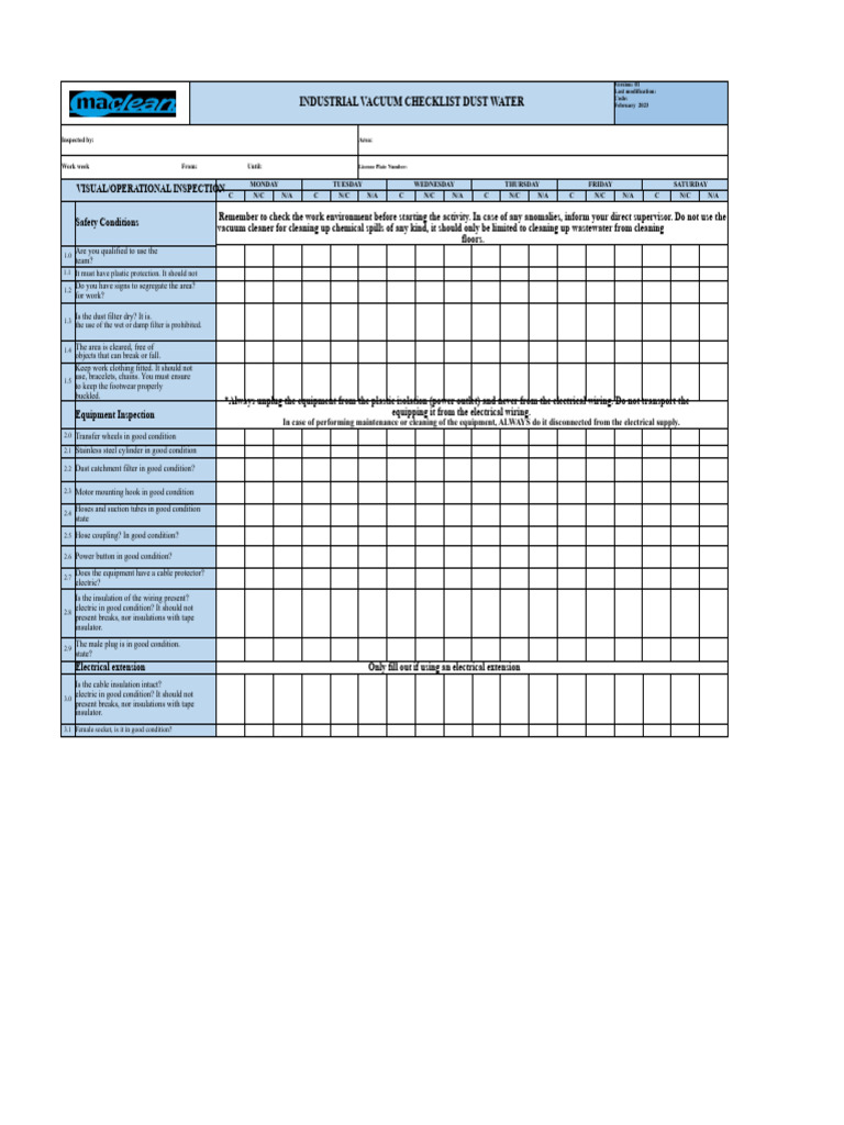 Vacuum Cleaner Checklist For Dust and Water | PDF | Vacuum Cleaner ...