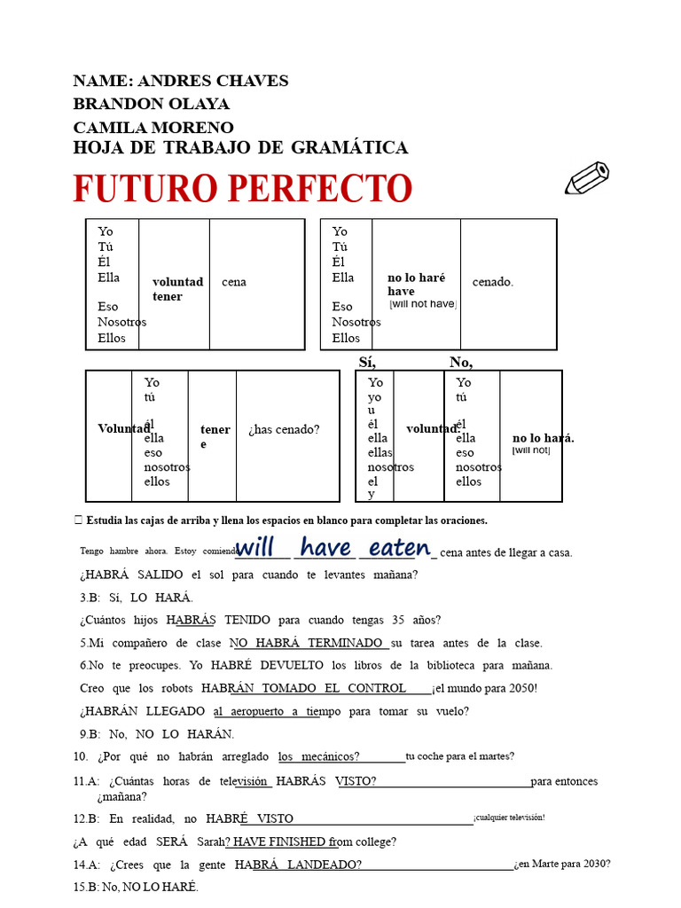 HOJA DE TRABAJO DE GRAMÁTICA DEL TIEMPO FUTURO PERFECTO | PDF
