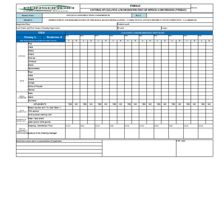 Check List - Cleaning and Disinfection Control of Offices & Restrooms ...