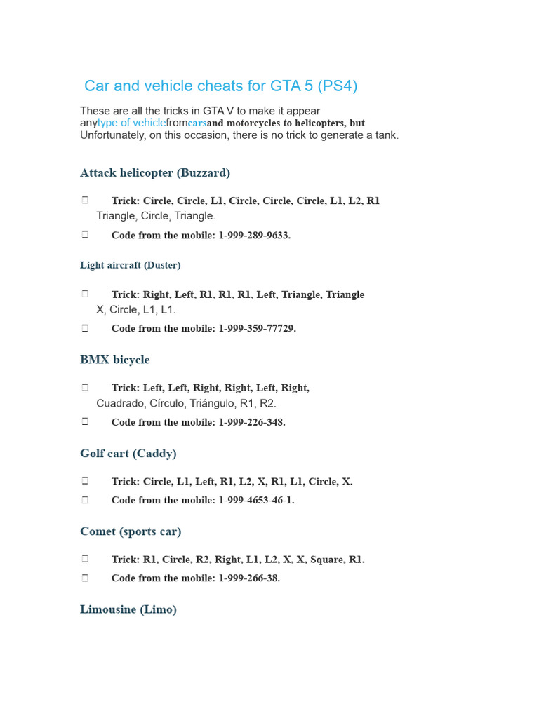 Car and Vehicle Tricks For GTA 5 | PDF