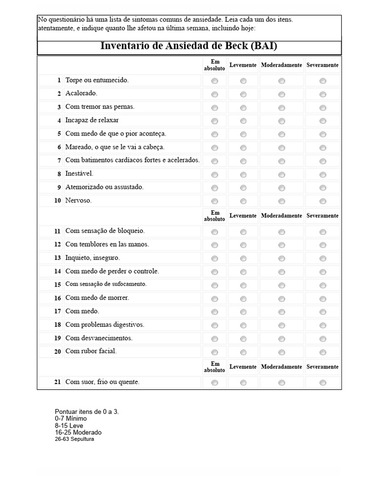 Inventário de Ansiedade de Beck | PDF