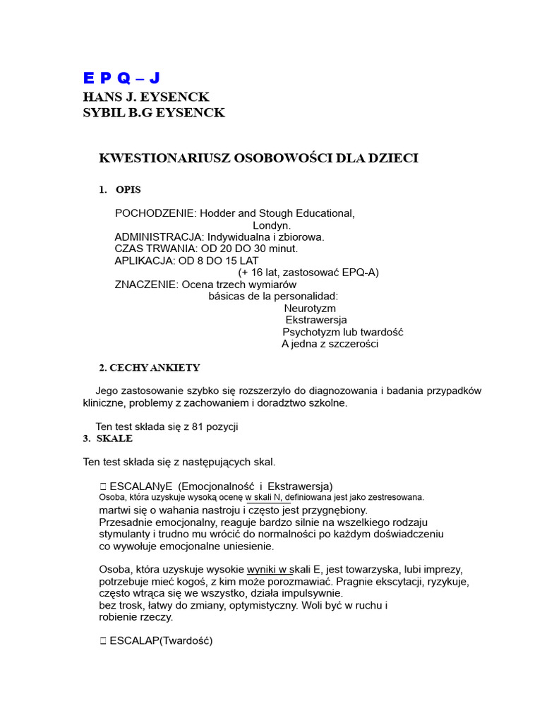 Kwestionariusz Osobowości Epq-J | PDF