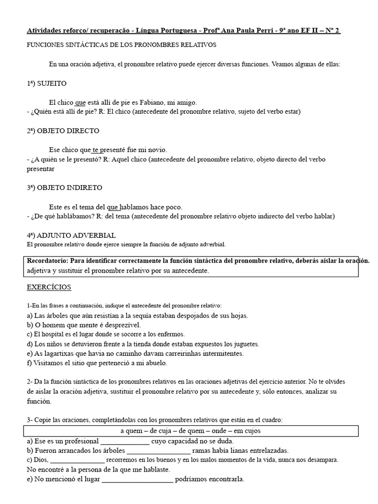 actividades pronombres relativos | PDF | Objeto (gramática) | Pronombre