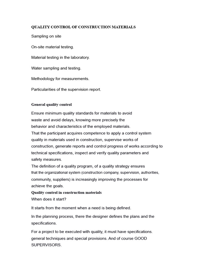 Quality Control Of Construction Materials Pdf Specification