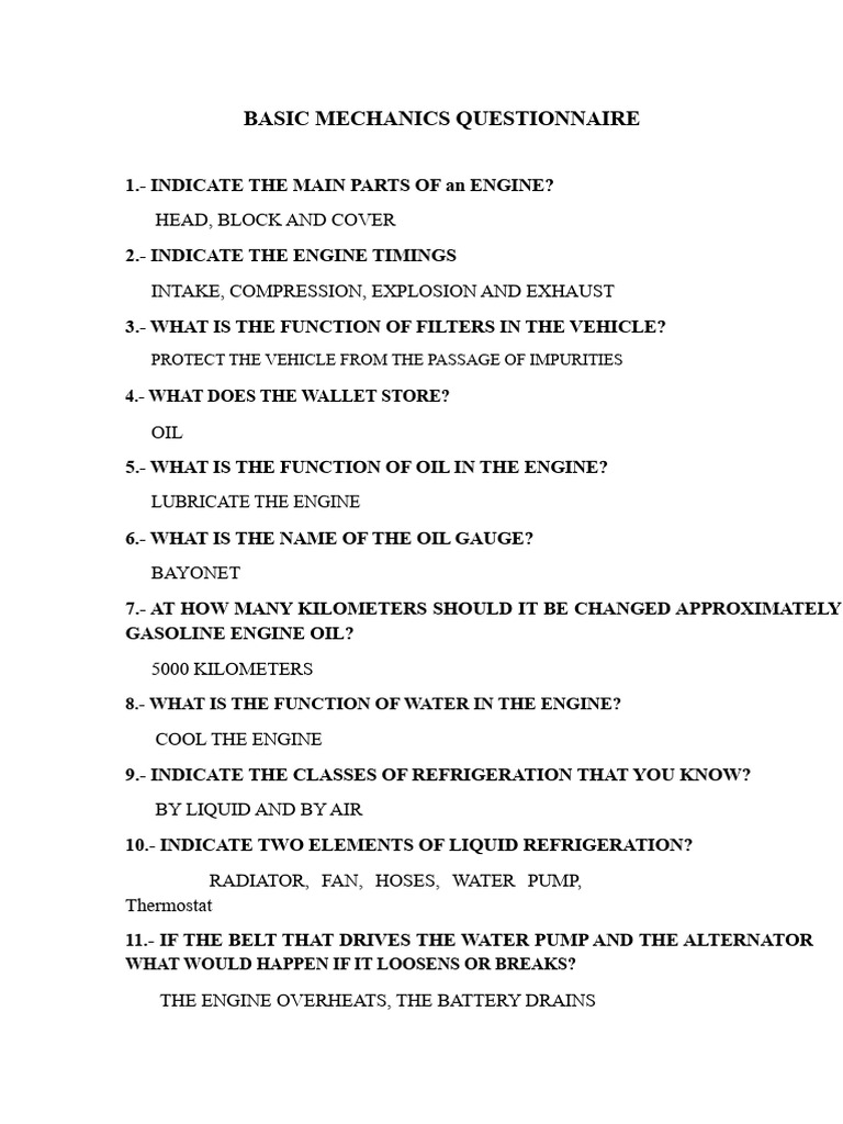 Basic Mechanics Questionnaire | PDF