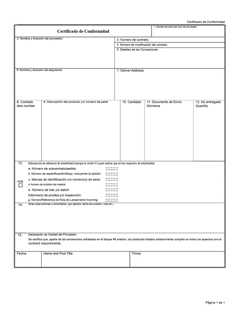 Certificado de Conformidad del Proveedor | PDF