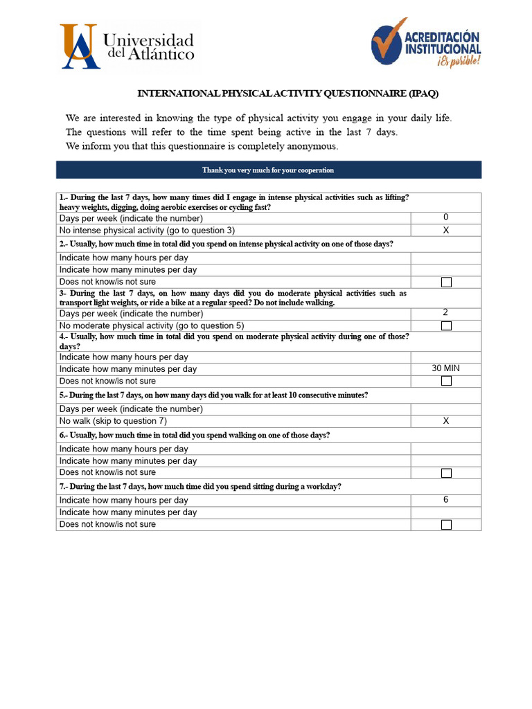 Ipaq Questionnaire | PDF | Physical Fitness