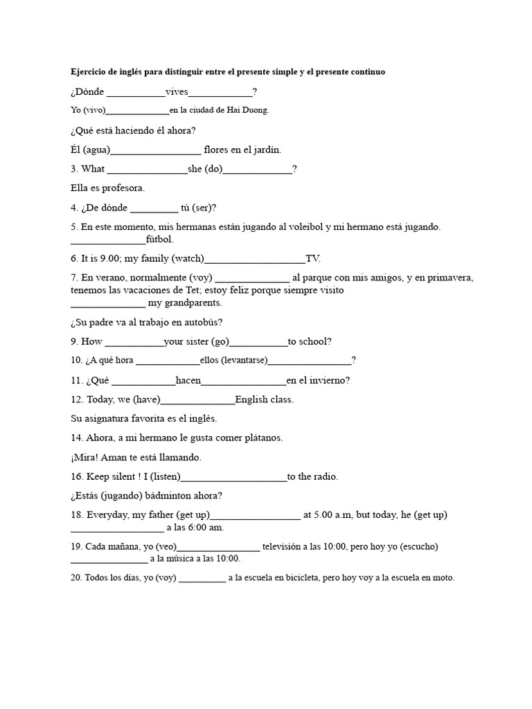 Ejercicio de inglés para distinguir entre el presente simple y el presente continuo. | PDF