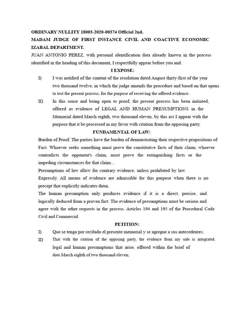 Memorial of Proposition of Evidence of Legal and Human Presumptions ...