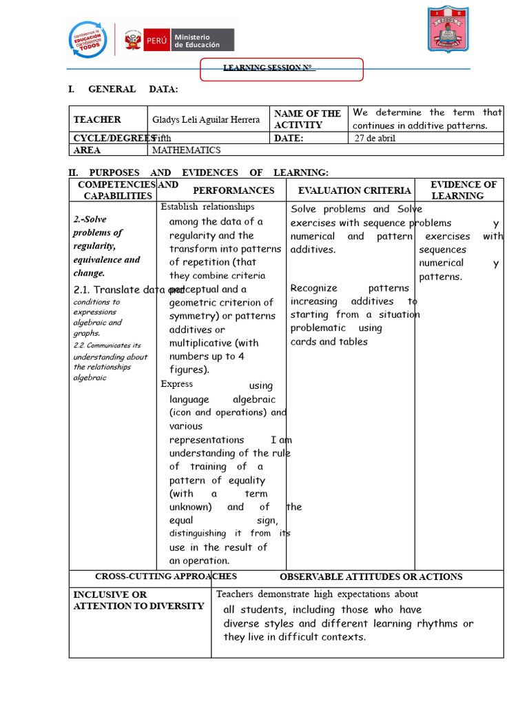 Mathematics Session - Additive Patterns - Experience I | PDF ...