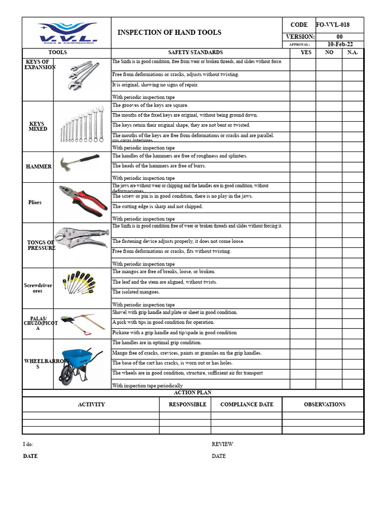 FO-VVL-018 Check List Manual Tools Includes Shovel Pickaxe | PDF | Tools