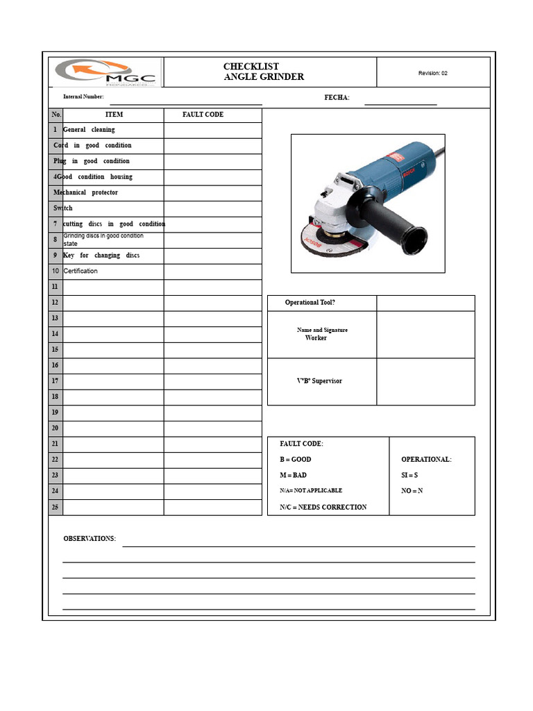 Angular Grinder Checklist | PDF