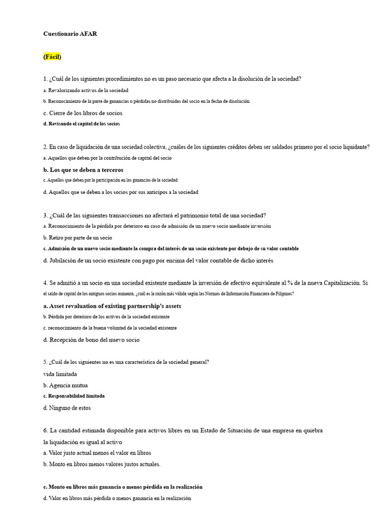 Cuestionario AFAR | PDF | Contabilidad | Compartir (Finanzas)