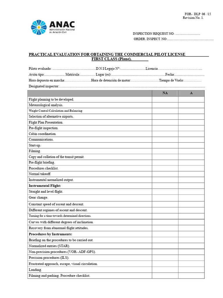 Commercial Pilot Class One Evaluation Form | PDF | Instrument Flight ...