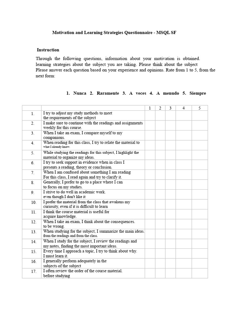 Motivation and Learning Strategies Questionnaire | PDF | Motivation ...