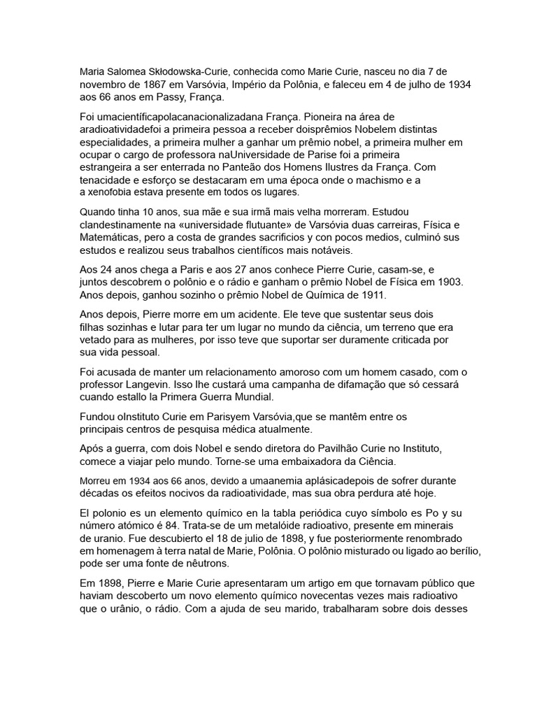 Maria Salomea Skłodowska-Curie, Conhecida Como Marie Curie, Nasceu No ...