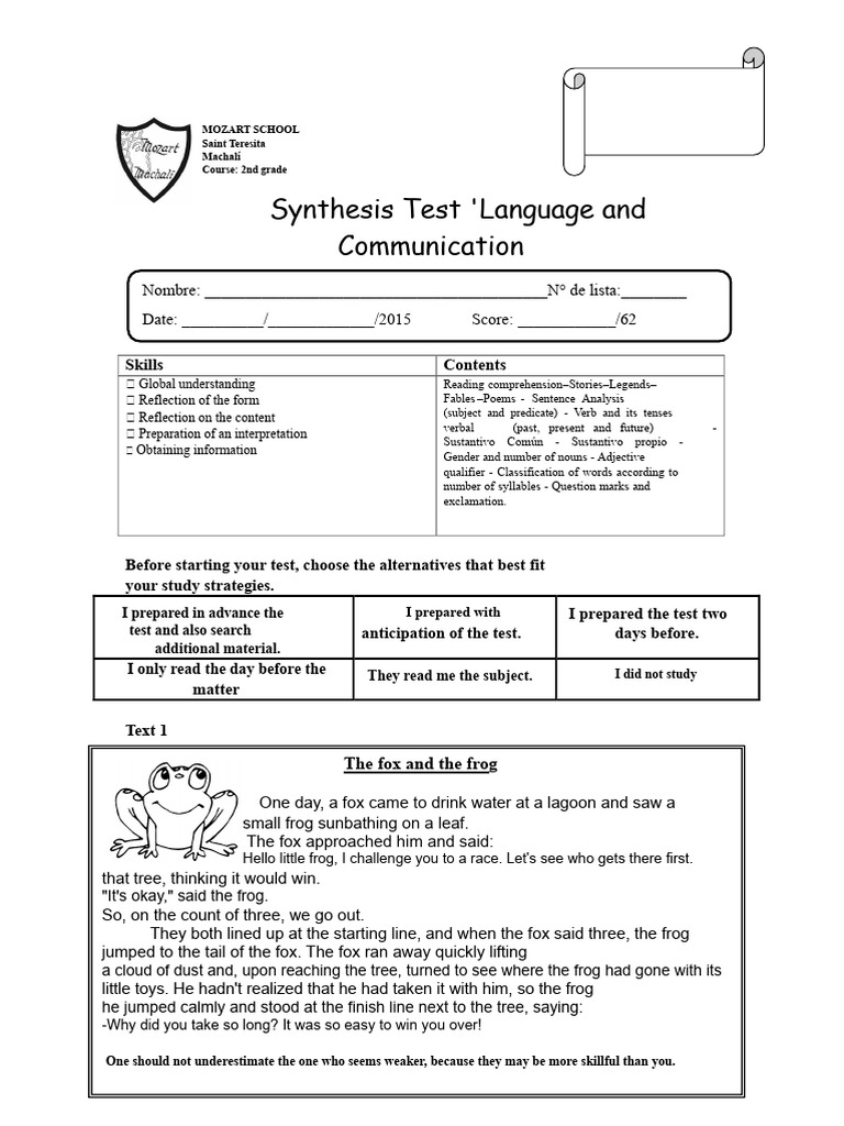 Language Synthesis Test 2015 Second Grade | PDF | Verb | Plural