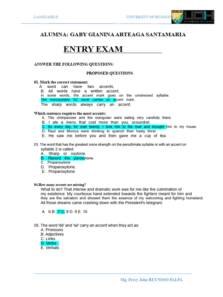 LANGUAGE II Entrance Exam | PDF | Stress (Linguistics) | Syllable