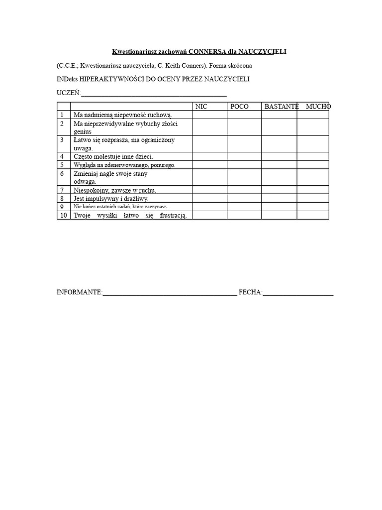 Kwestionariusz Zachowania CONNERSA Dla NAUCZYCIELI | PDF