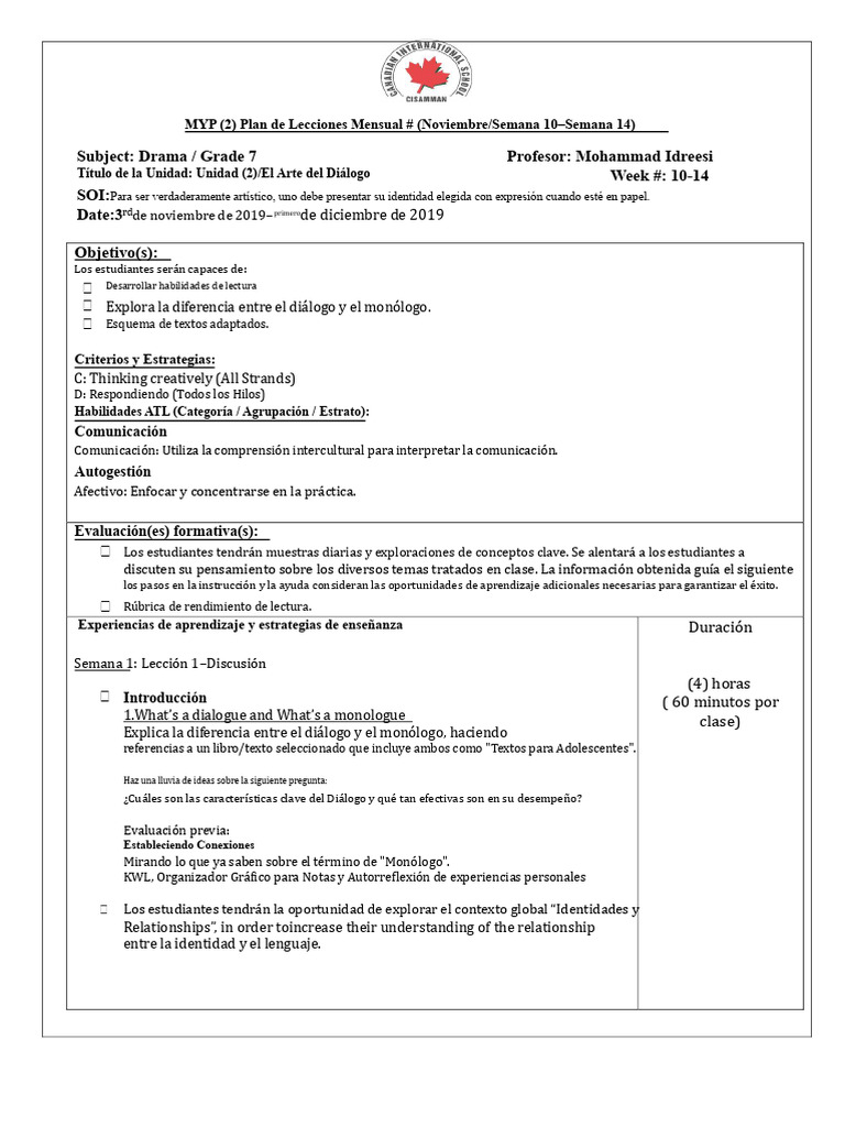 Plan de Lección de Drama MYP 2 - Unidad 2 | PDF | Cognición | Aprendizaje