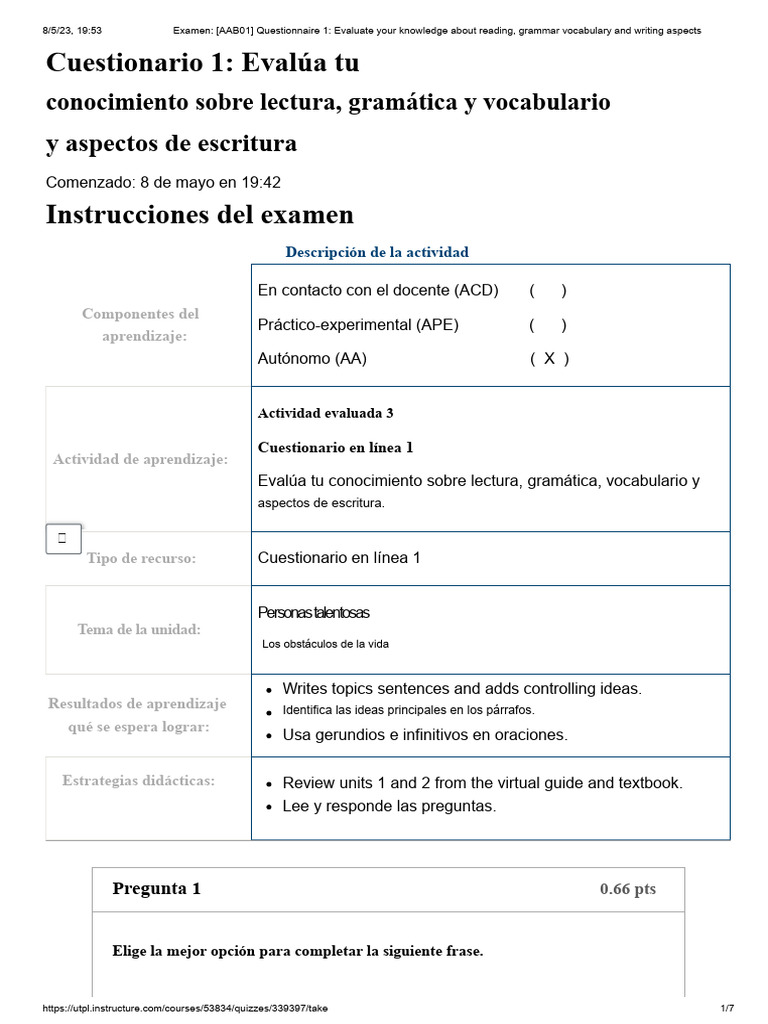 Examen - (AAB01) Cuestionario 1 - Evalúa Tu Conocimiento Sobre Lectura ...