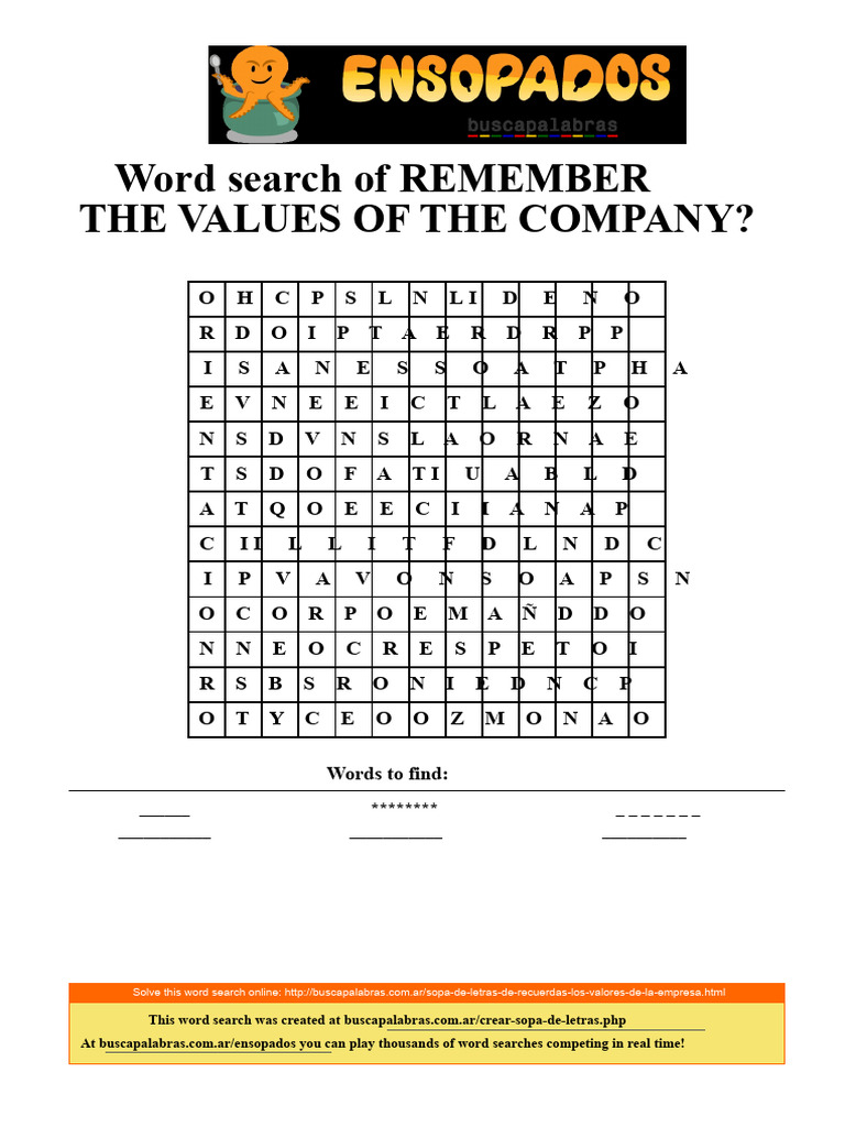 Word Search Remember The Values of The Company PDF | PDF