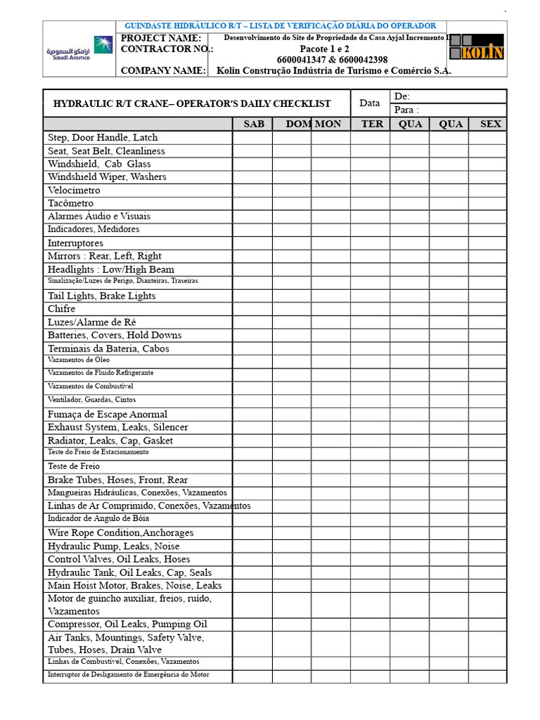 FC 4.1.1 - Formulário de Checklist para Guindaste Hidráulico RT | PDF | Engenharia Mecânica ...
